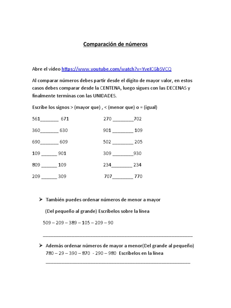 Guía Comparación de Números | PDF