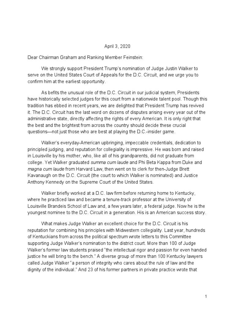 Justin Walker Letter Article III Project | PDF | Law Clerk | Judge