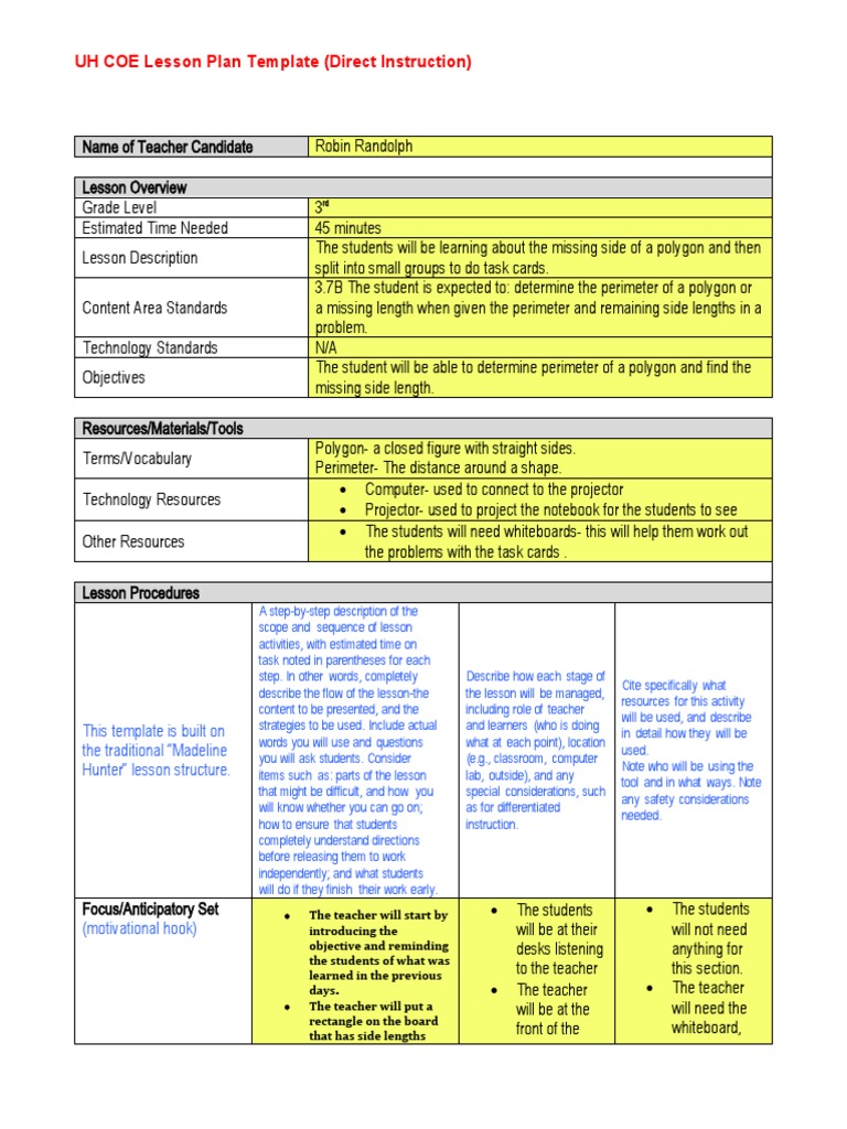 UH COE Lesson Plan Template (Direct Instruction) | Download Free PDF ...