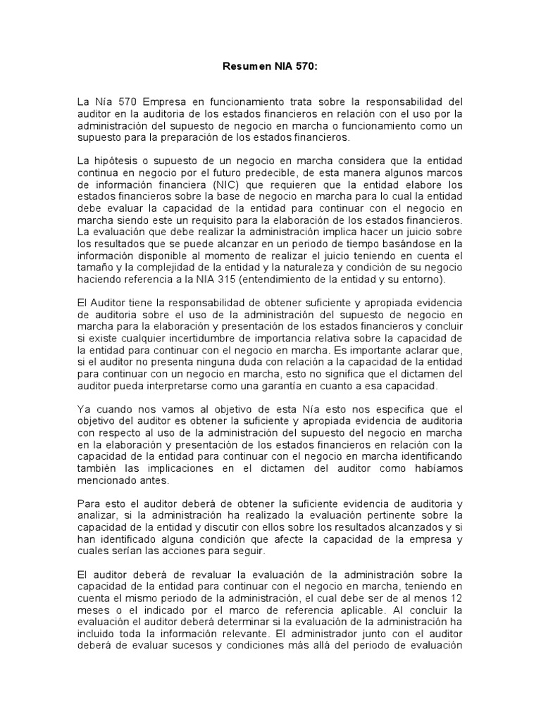 Resumen NIA 570 | PDF | Auditoría | Contralor