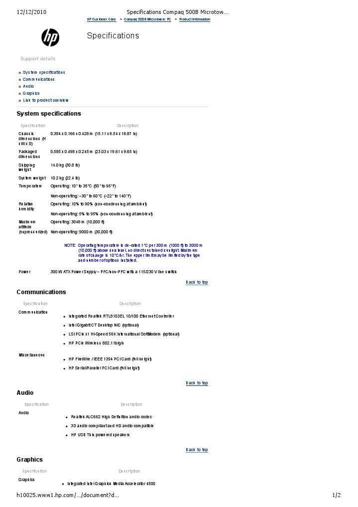 Specifications Compaq 500B Micro Tower PC - HP Customer Care (United ...