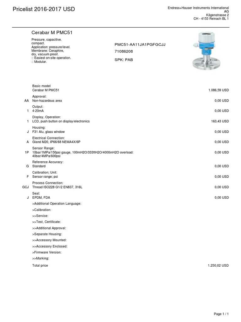 Cerabar M PMC51: 71086208 Pmc51-Aa11Ja1Pgfgcjj | PDF | Calibration ...