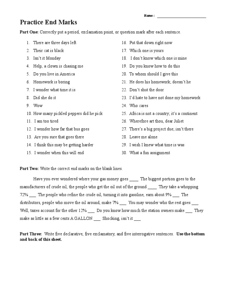 End Marks Practice Worksheet | PDF