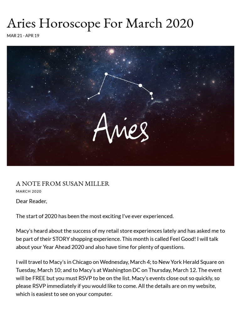 Aries Horoscope For March 2020 - Susan Miller Astrology Zone | PDF ...