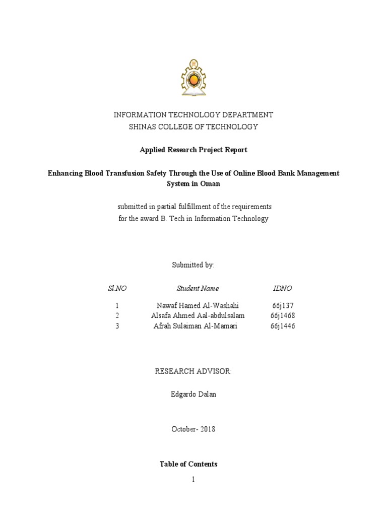 Applied Research Project Report Enhancing Blood Transfusion Safety ...