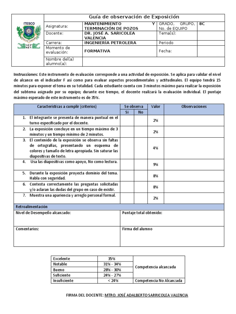 Formato IE Guía de Observación para Exposición TyMP - JASV | PDF ...