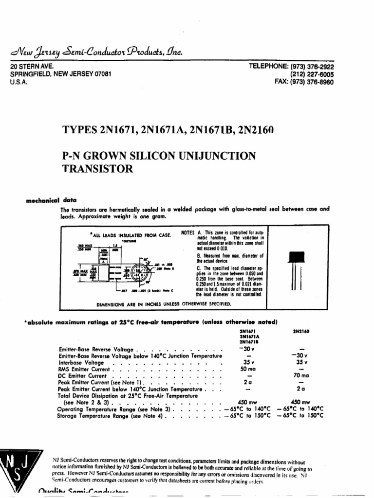 TYPES 2N1671, 2N1671A, 2N1671B, 2N2160 P-N Grown Silicon Unijunction ...