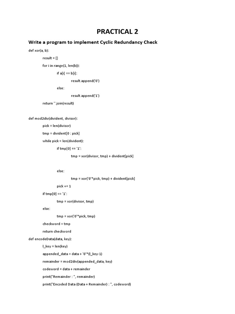 Practical 2: Write A Program To Implement Cyclic Redundancy Check | PDF