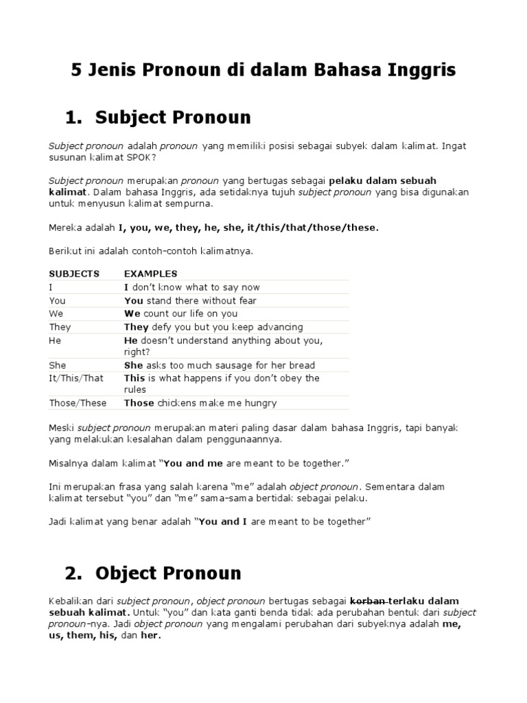 5 Jenis Pronoun Di Dalam Bahasa Inggris | PDF