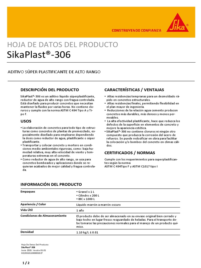 HT-Sika Plast - 306 | PDF | Hormigón | Ingeniería de Edificación