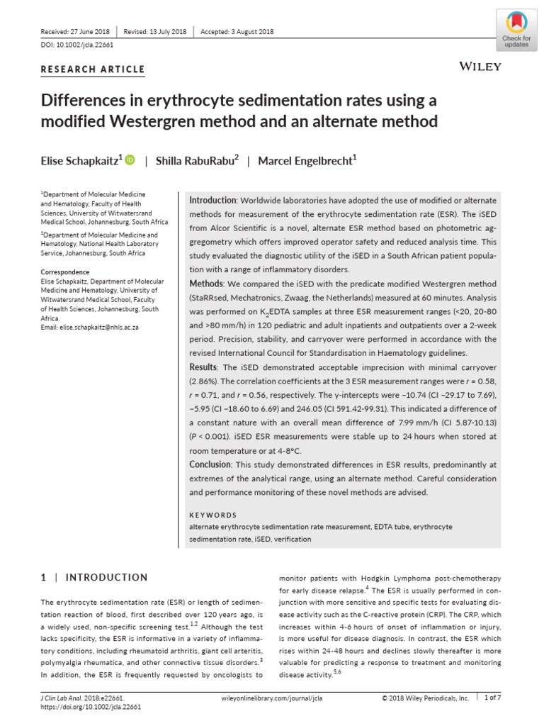 Differences in Erythrocyte Sedimentation Rates Using A | PDF | Medicine ...