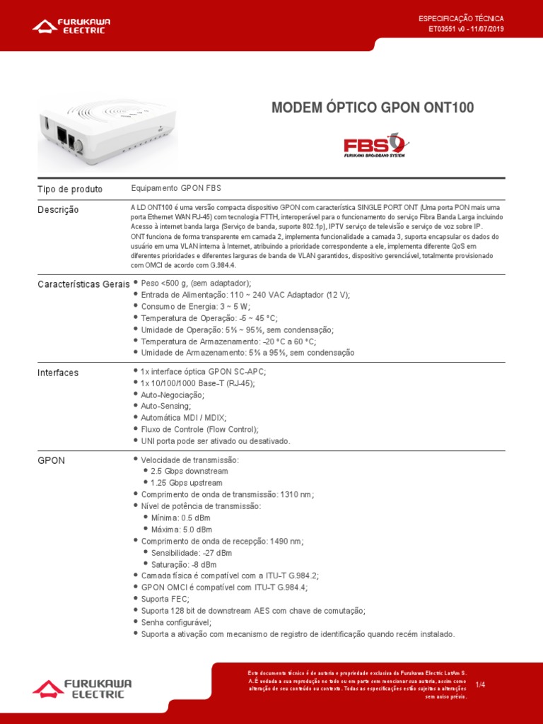 Especificação Técnica Do Modem Gpon Ont100 Pdf Padrões De Rede