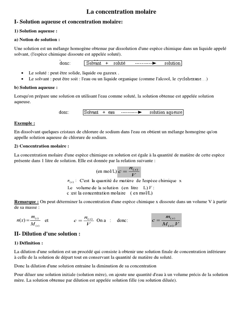 Concentration et Dilution des Solutions Aqueuses | PDF | Concentration ...