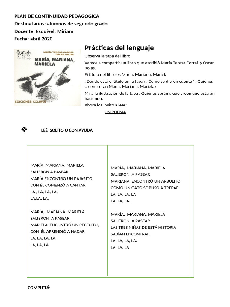 PLAN de CONTINUIDAD PEDAGOGICA Prácticas Del Lenguaje Segundo Grado | PDF
