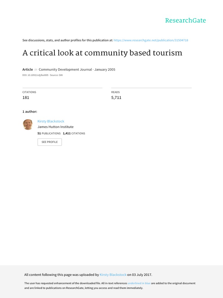 A Critical Look at Community Based Tourism | PDF | Empowerment | Tourism