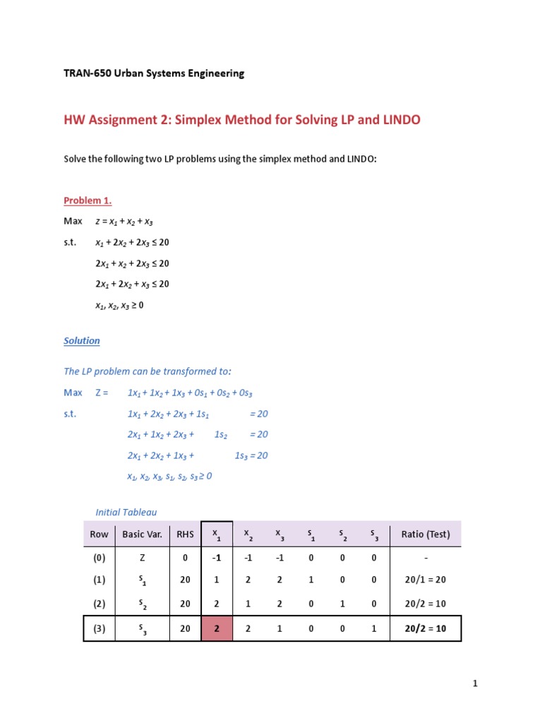 HW Assignment 2: Simplex Method For Solving LP and LINDO: TRAN-650 Urban Systems Engineering ...