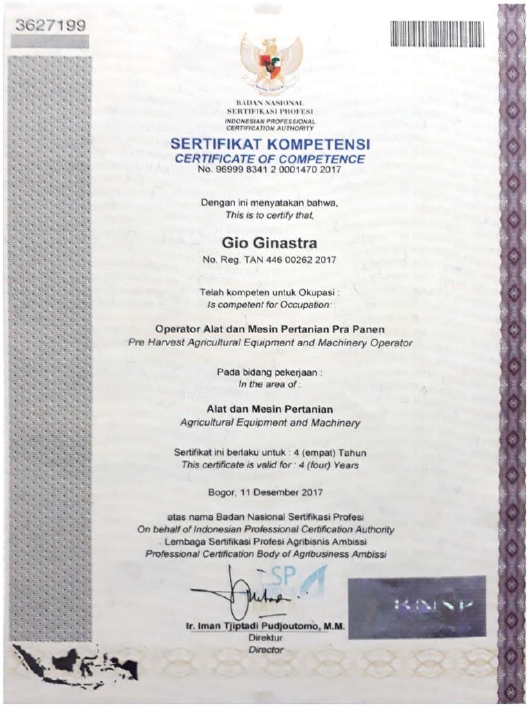 Sertifikat BNSP Operator Alat & Mesin Pra Panen PDF | PDF