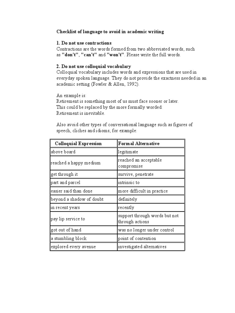 Checklist of Language To Avoid in Academic Writing | PDF | Question ...