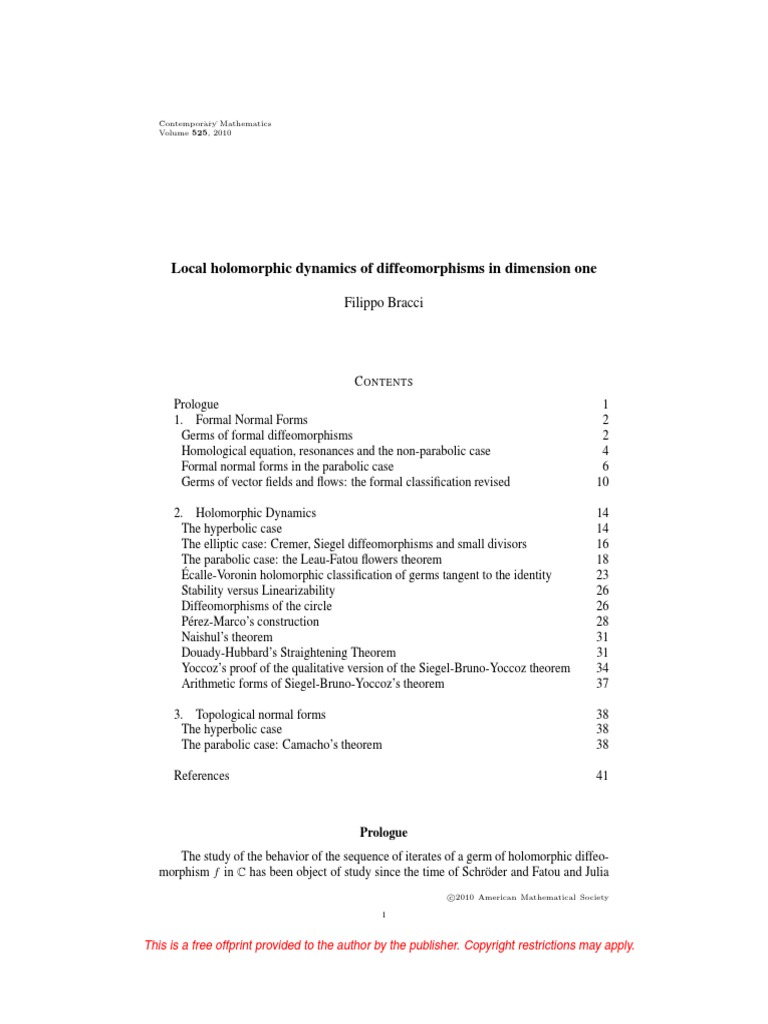 Bracci F. Local Holomorphic Dynamics of Diffeomorphisms in Dimension One | PDF | Dynamical ...
