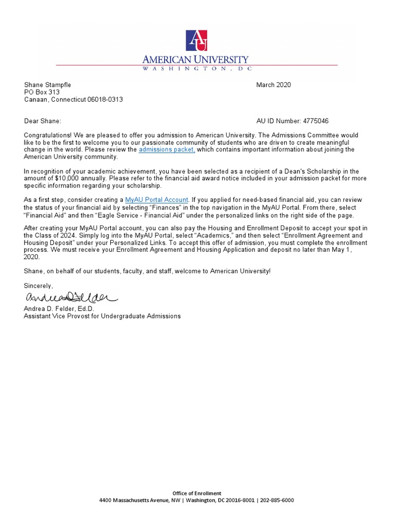 Freshman Admit Letter | PDF | University And College Admission ...