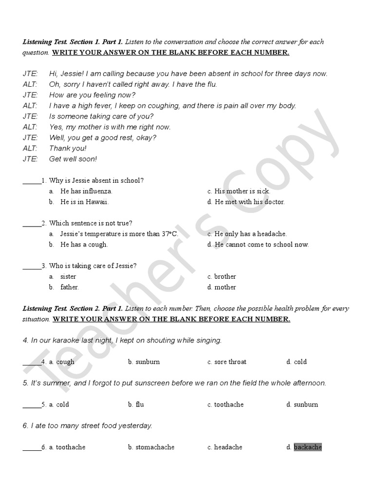 Listening Test. Section 1. Part 1. Listen To The Conversation and ...