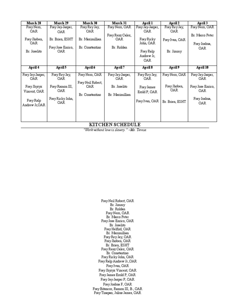 Monastic Kitchen Duty Roster | PDF