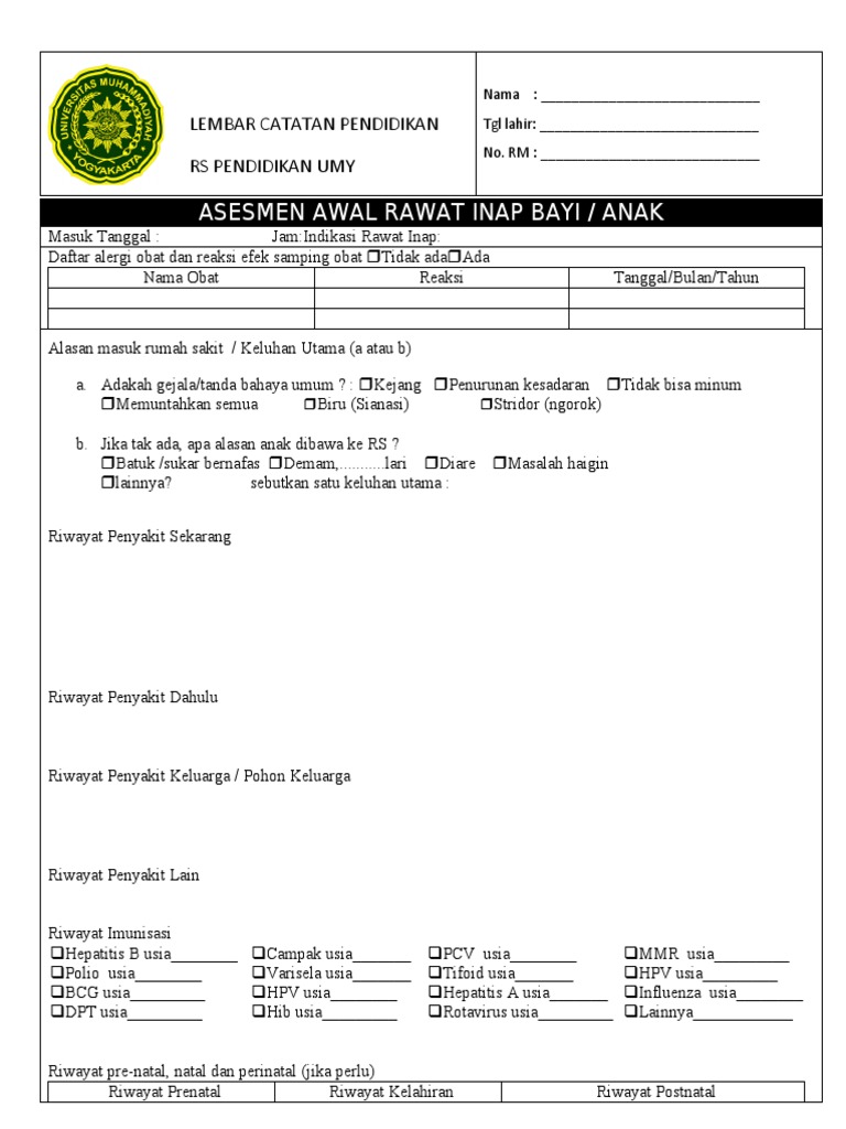 CPPT Asesmen Awal Rawat Inap Anak Fkik | PDF