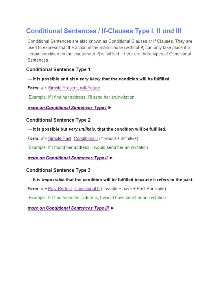 Conditional Sentences / If-Clauses Type I, II Und III | PDF