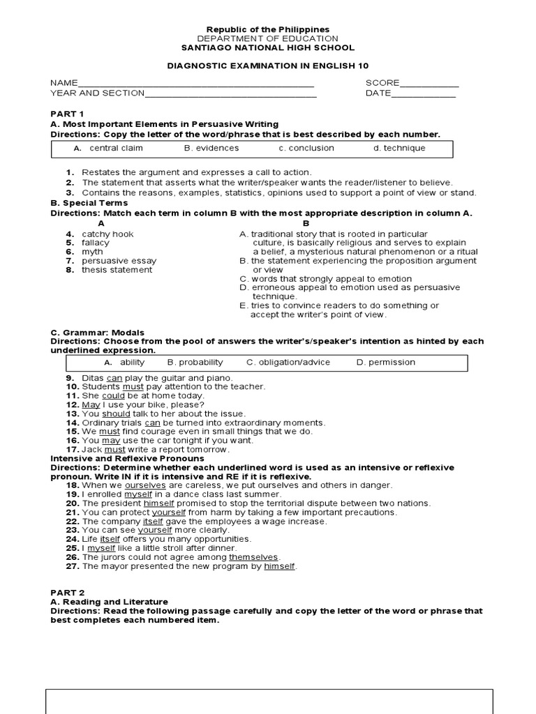 Diagnostic Exam-in-English-10 | PDF | Argument | Writers