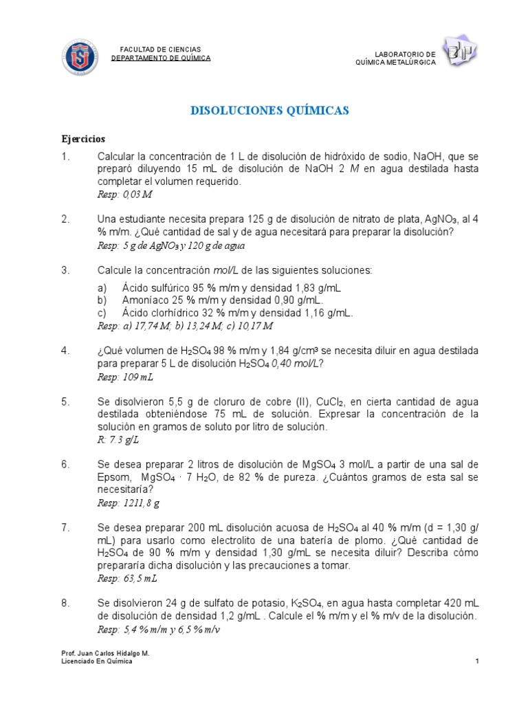 Guía de Ejercicios - Disoluciones Químicas | PDF | Concentración | Ácido sulfúrico