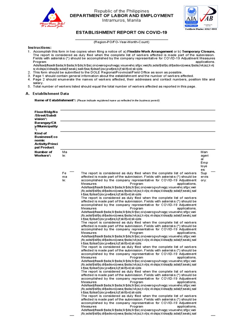 COVID-19 Establishment Report Form | PDF | Employment | Labor