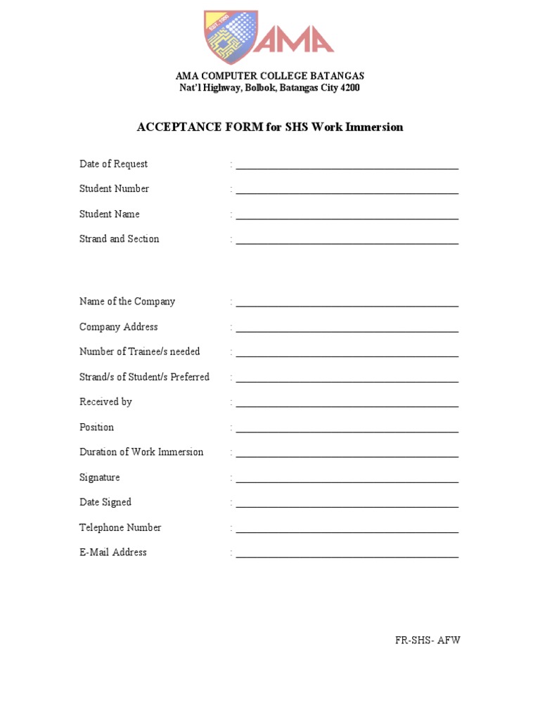 SHS - Acceptance Form