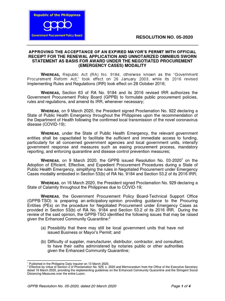 GPPB Resolution No. 05-2020 | PDF | Notary Public | Public Health