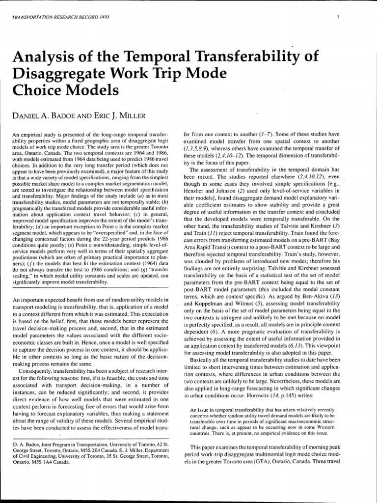 Analysis of The Temporal Trans Er Ability of Disaggregate Work Trip Mode Choice Models | PDF ...