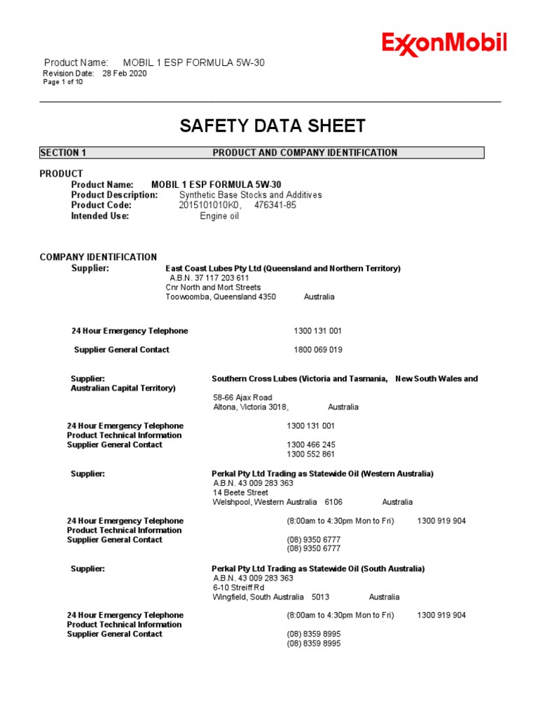Safety Data Sheet: Product Name: MOBIL 1 ESP FORMULA 5W-30 | PDF | Firefighting | Toxicity