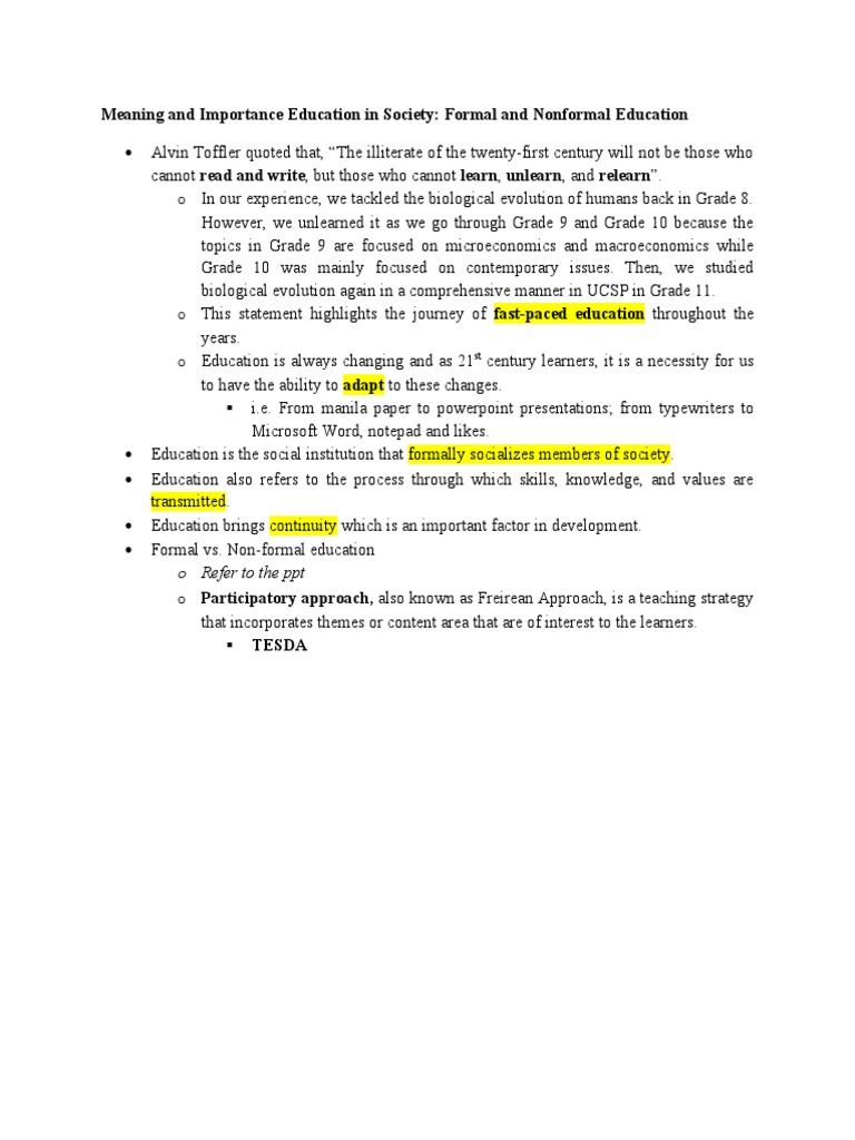 Meaning and Importance Education in Society: Formal and Nonformal ...