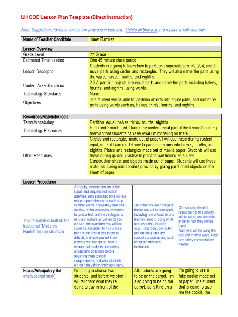 UH COE Lesson Plan Template (Direct Instruction) | PDF | Lesson Plan ...