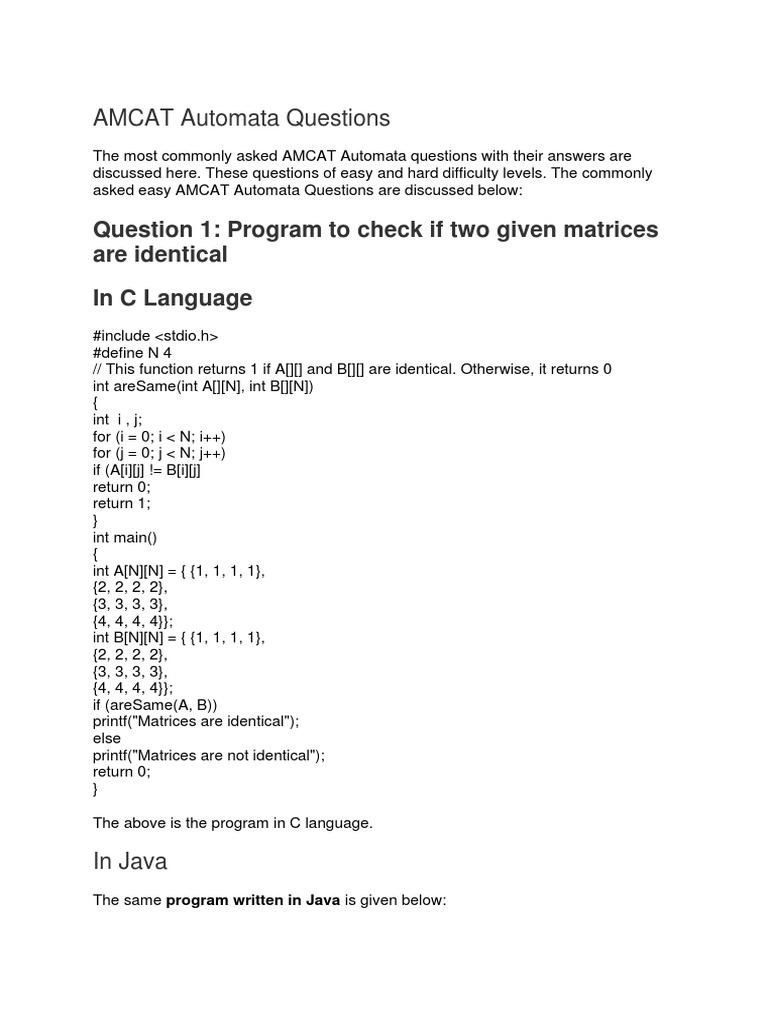 AMCAT Automata Questions: Program To Check If Two Given Matrices Are Identical in C Language ...