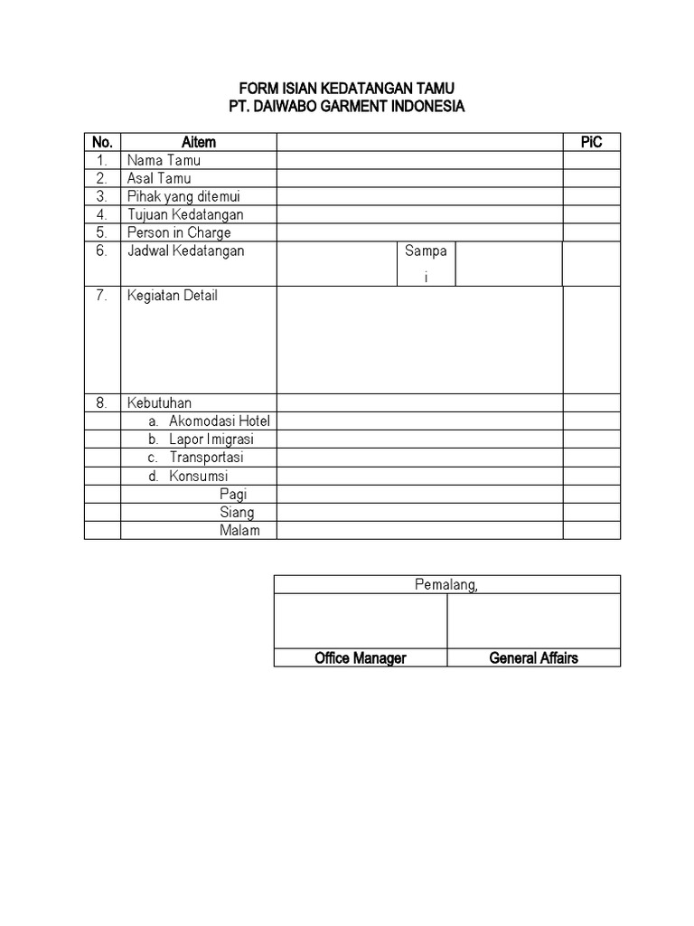 Form Isian Kedatangan Tamu | PDF