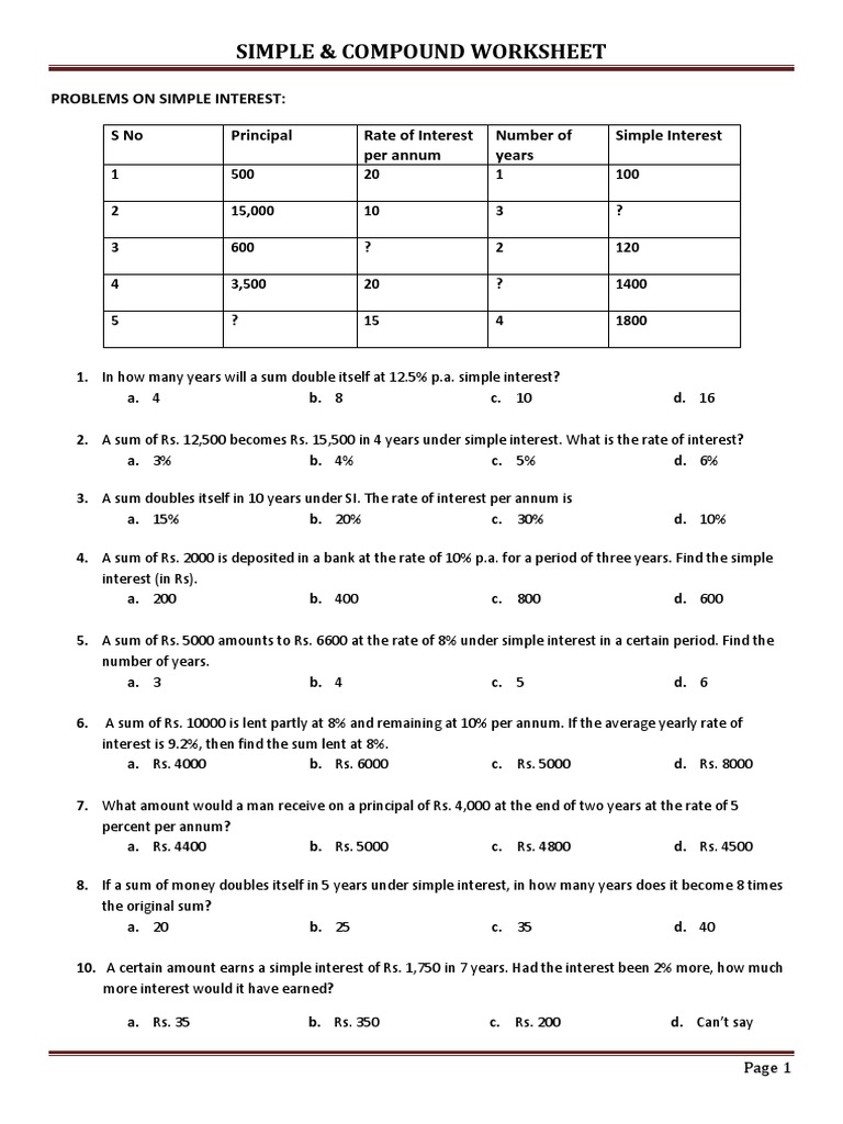 SI CI Classroom Worksheet PDF | PDF | Compound Interest | Interest