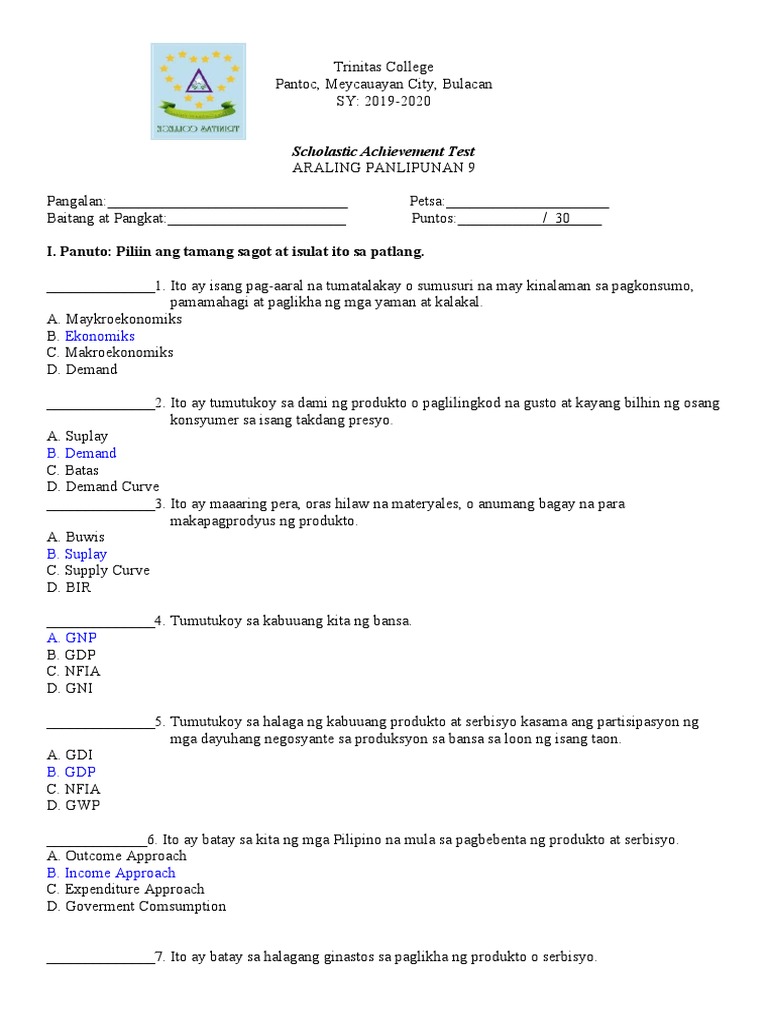 Scholastic Achievement Test Ap 9 | PDF