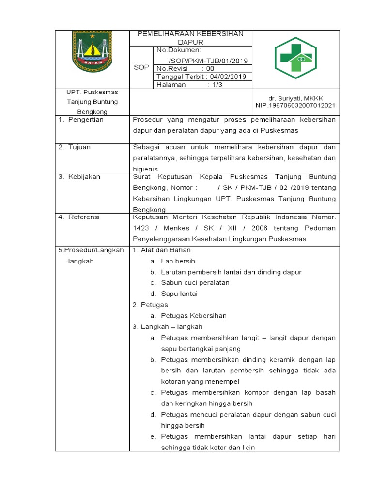 Sop Pemeliharaan Kebersihan Dapur | PDF