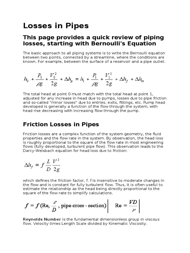 Losses in Pipes: This Page Provides A Quick Review of Piping Losses ...