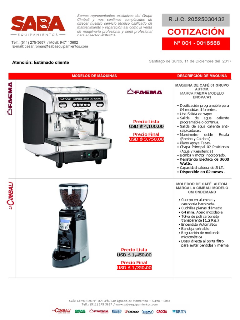 Coti Maq - 16619 - Estimado Cliente - Maq. Faema Enova A1 en Super Combo | PDF | Materiales ...