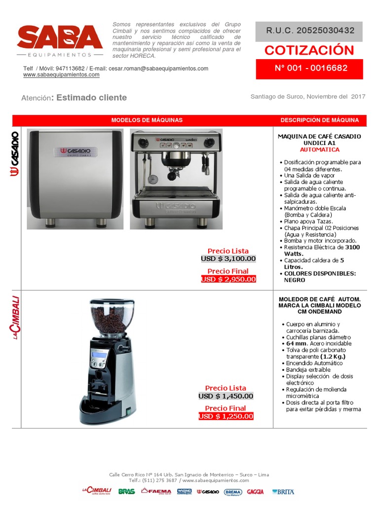 Coti Maq - 16682 - Estimado Cliente - Maq. Casadio Undici A1 Automatica en Combo | PDF | Química ...