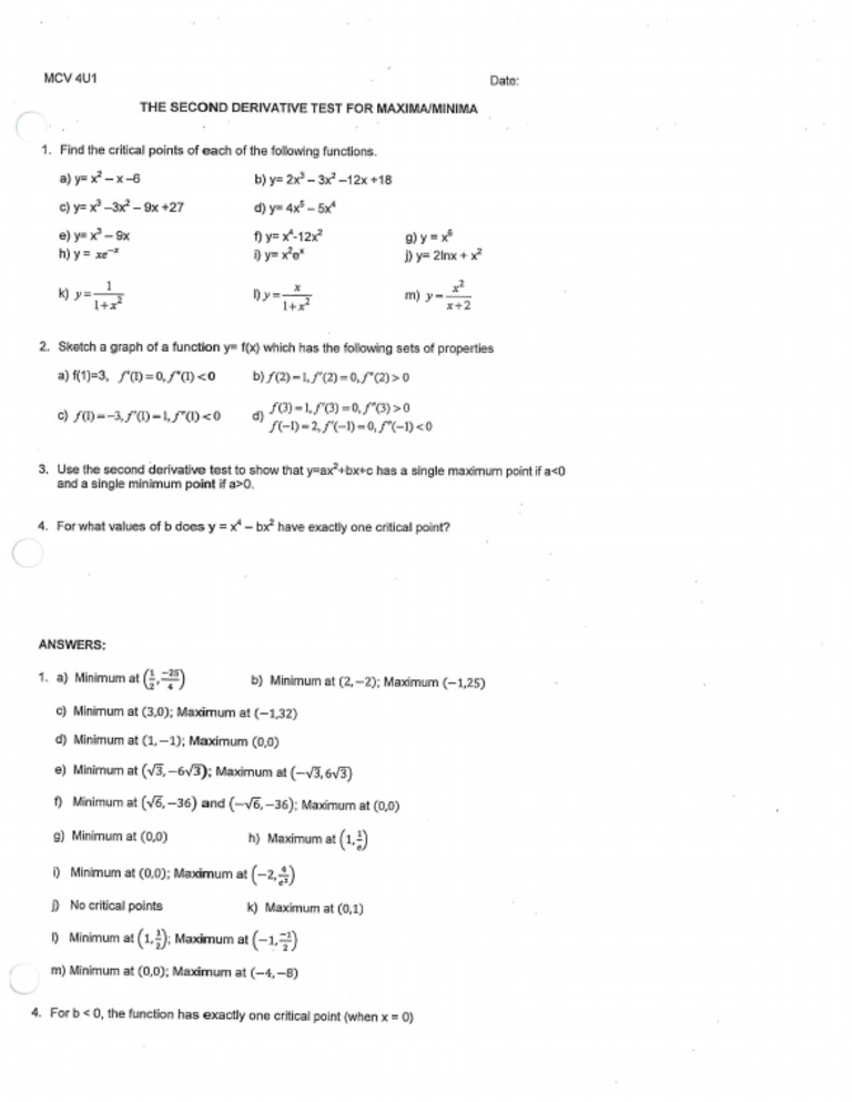 4.2 The Second Derivative Test Worksheet | PDF
