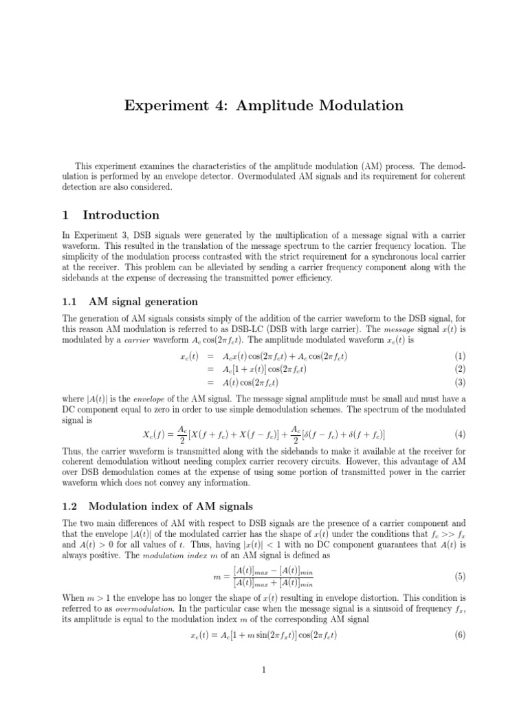 Experiment 4: Amplitude Modulation: 1.1 AM Signal Generation | PDF ...
