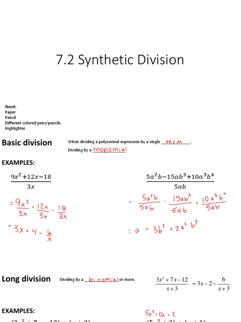 Synthetic Division Techniques and Examples | PDF