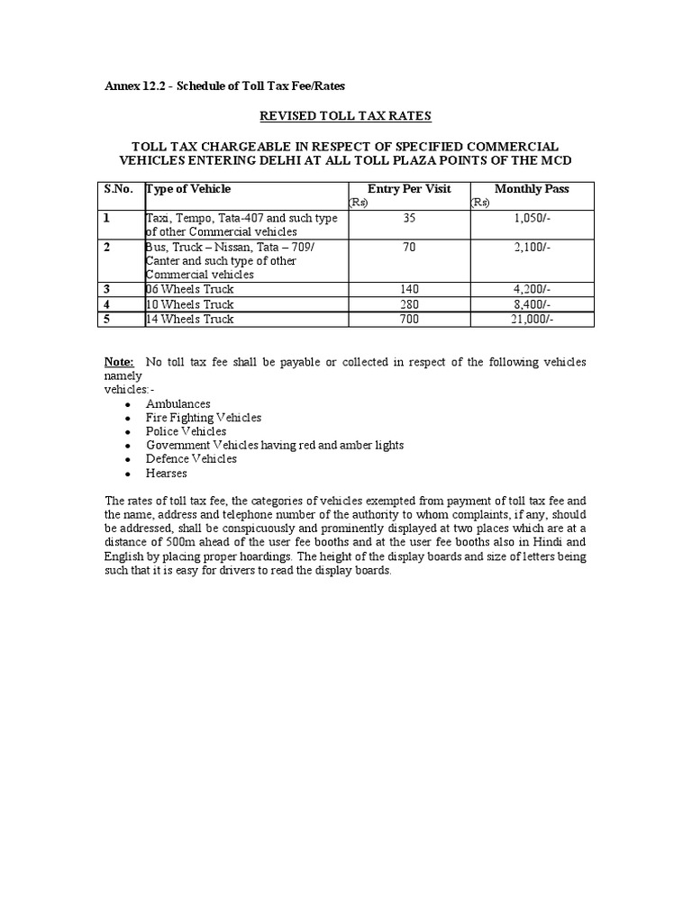 Toll Tax Revised Rate List | PDF | Business | Technology & Engineering