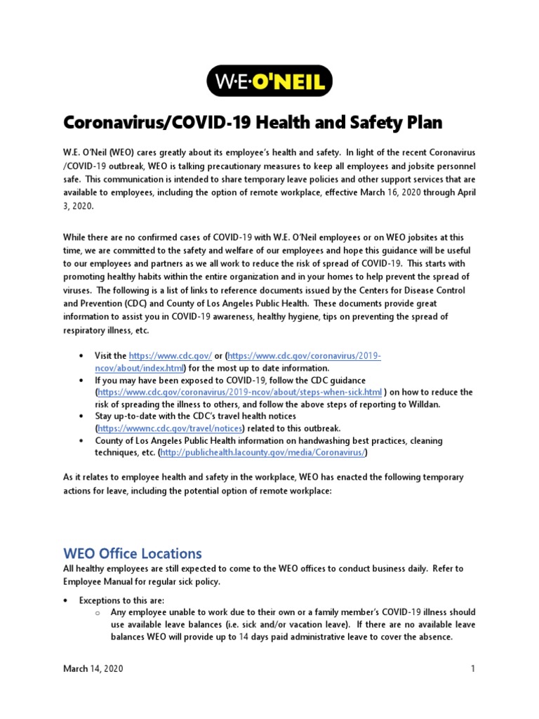 COVID-19 - WEO Health and Safety Plan | PDF | Centers For Disease ...